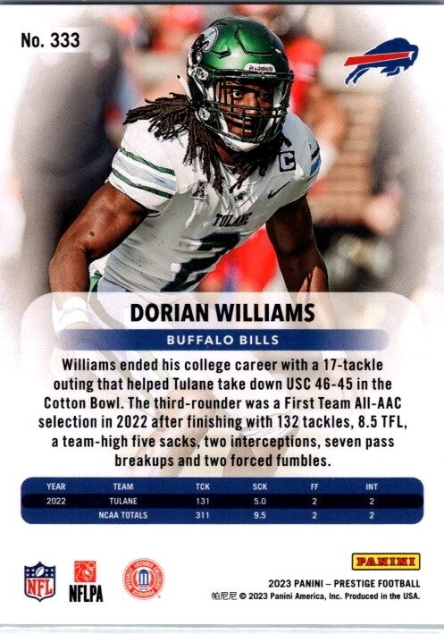 2023 Panini Prestige Darian Williams #333 Rookie Card RC Buffalo Bills ...
