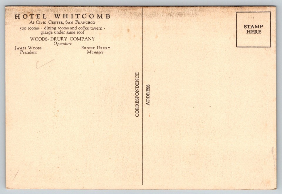 Postcard Hotel Whitcomb At Civic Center, San Francisco California C13 ...