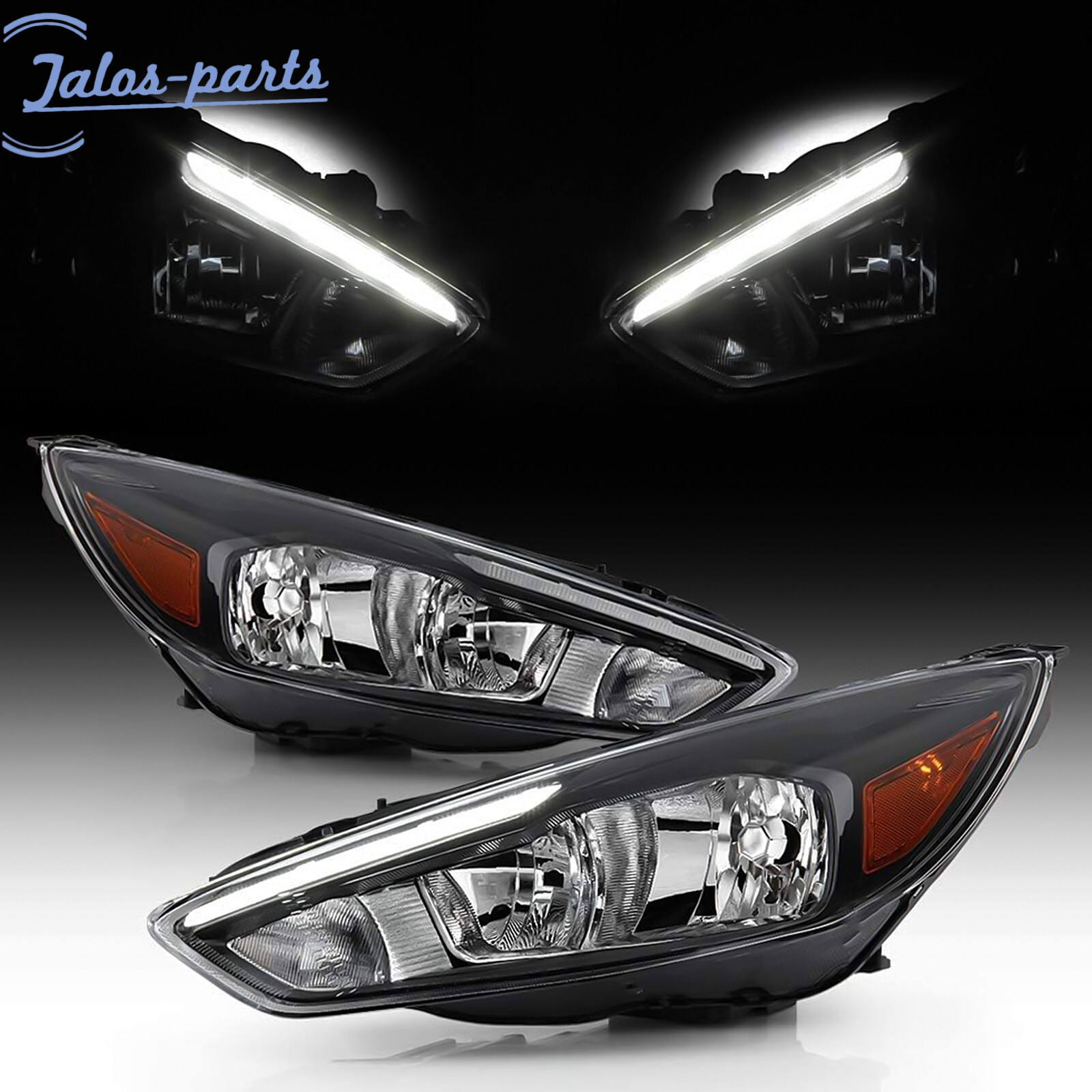 For 2015-2018 Ford Focus MK3 LCI Headlights HeadLamps Pair Black Amber W/ DRL | eBay