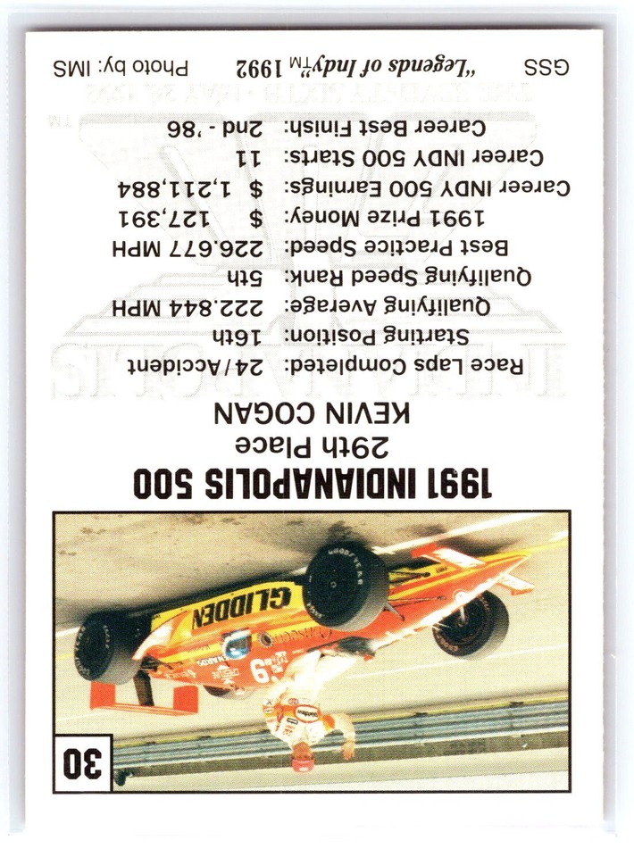 Kevin Cogan Signed Autographed Card 1992 Legends of Indy #30 "To Dan ...