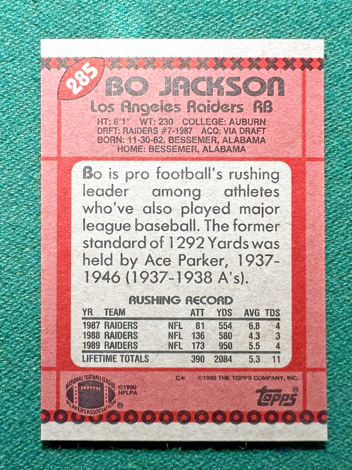 1990 Topps Football Bo Jackson #285 Los Angeles Raiders Great Card! | eBay
