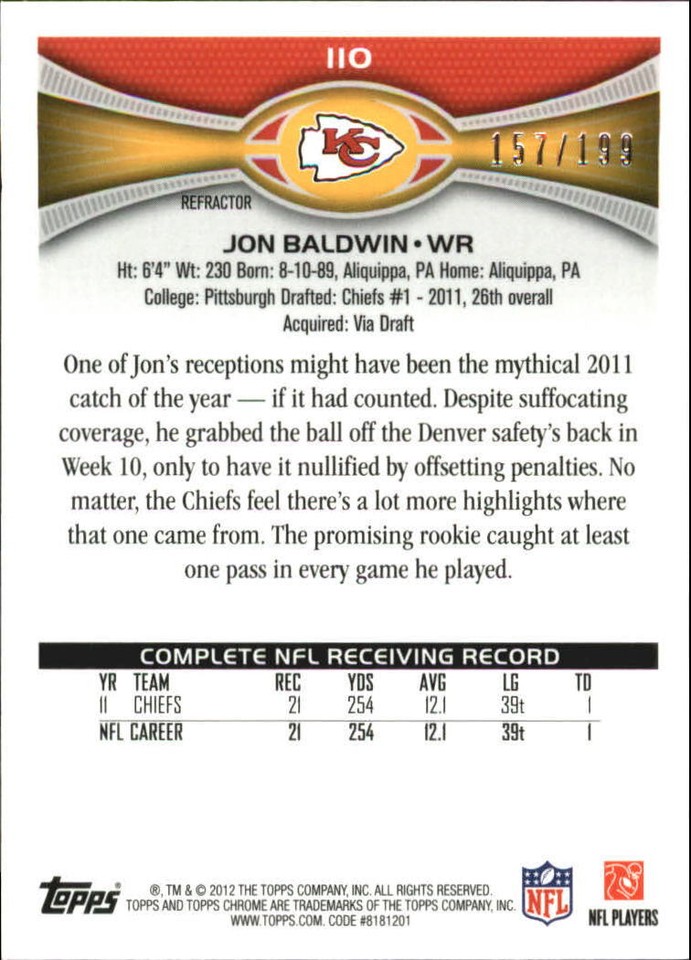 2012 Topps Chrome Blue Refractors Chiefs Football Card #110 Jon Baldwin ...