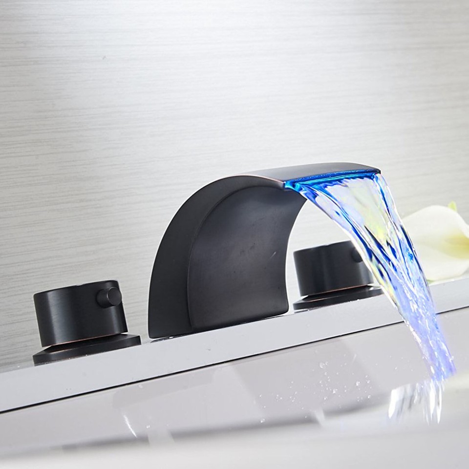 Black 8 In Widespread LED Bathroom Basin Faucet Waterfall Vanity Sink ...
