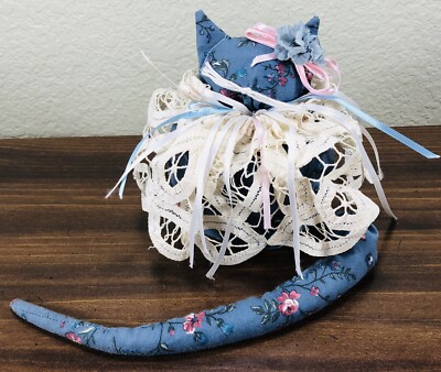 VTG BOHO Country Decor Cat Door Stop Blue Floral Battenberg Lace Ribbon ...