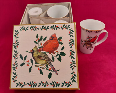 4 Living Quarters Cardinal Mugs Cups Christmas Holly Green Red Gold ...