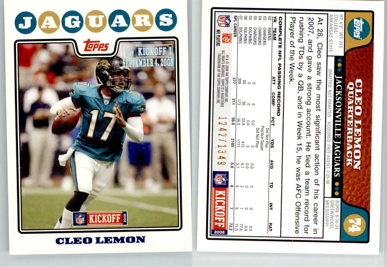 Cleo Lemon 2008 Topps Kickoff Silver Holofoil #74 /1349 Jaguars | eBay