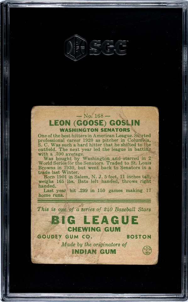 1933 GOUDEY GOOSE GOSLIN 168 POOR RC R319 SGC 1 BASEBALL WASHINGTON ...