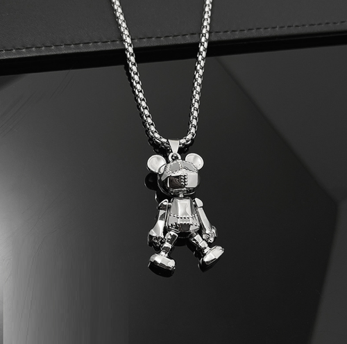 Titanium Silver Punk Unisex Violent Bear Movable Pendant Long Chain ...