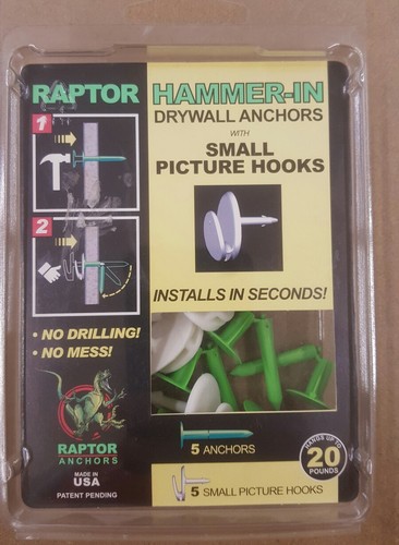 RAPTOR HAMMER IN DRYWALL ANCHORS WITH SMALL PICTURE HOOKS - 5 PACK ...