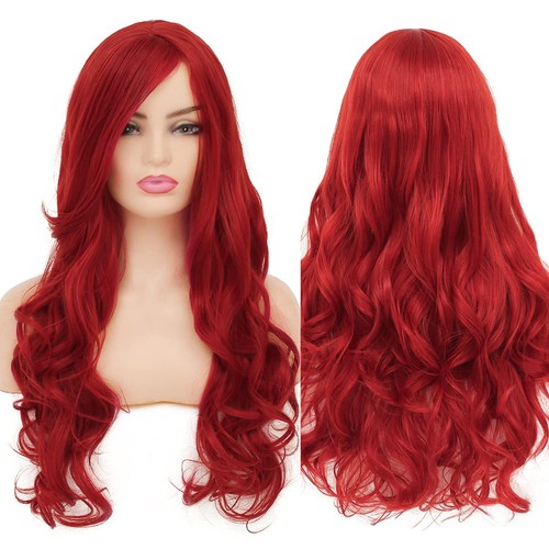 Womens Long Curly Wavy Red Wig Body Wave Side Part Synthetic Hair Full ...