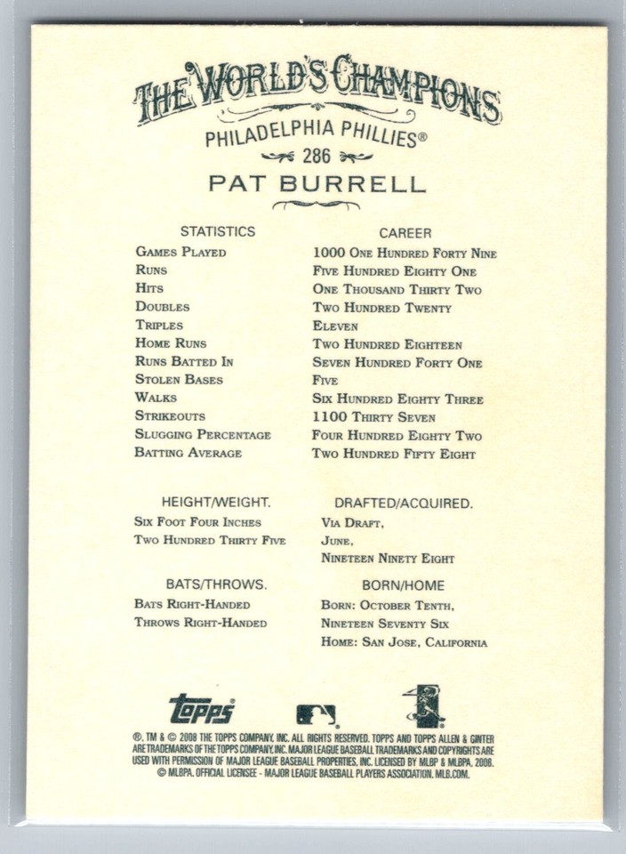 2008 Topps Allen & Ginter Baseball #286 Pat Burrell Philadelphia ...