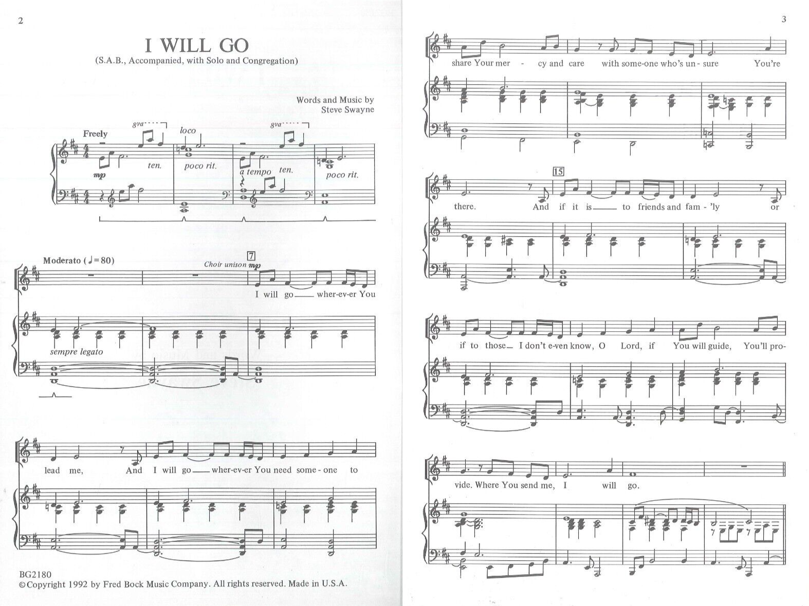 I Will Go Sheet Music SAB Chorus Solo Congregation Piano 1992 Steve ...