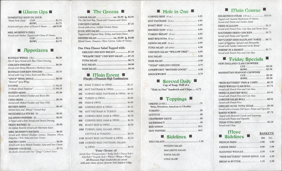 1980s MURPHY'S DELI & BAR vintage lunch and dinner menu PROVIDENCE ...