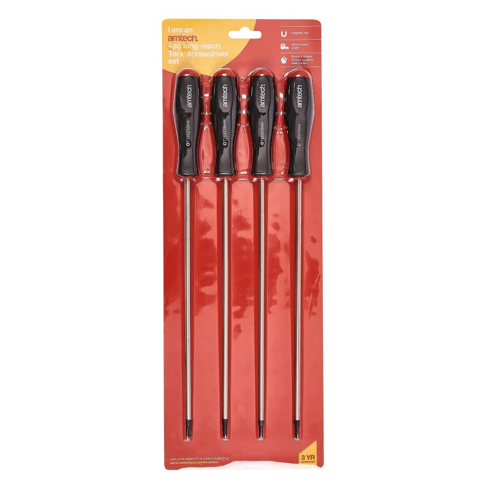 4 PC LONG REACH TORX SCREWDRIVER SET T15 TO T30 250MM LONG BLADE ...