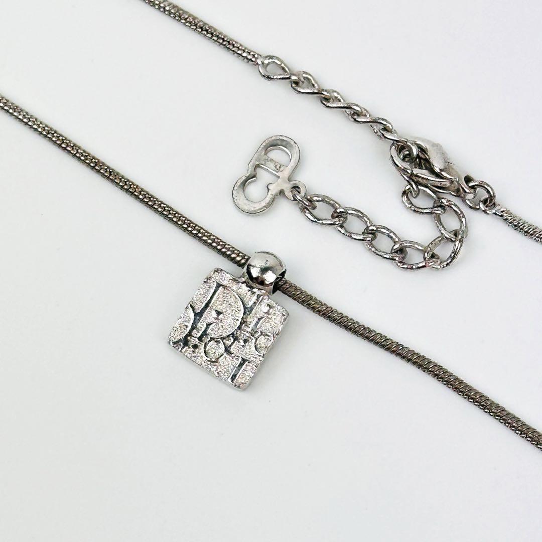 Dior Silver Square Pendant Necklace Approx. 20cm Stone Logo Dior Silver Square Pendant Necklace Approx. 20cm Stone Logo