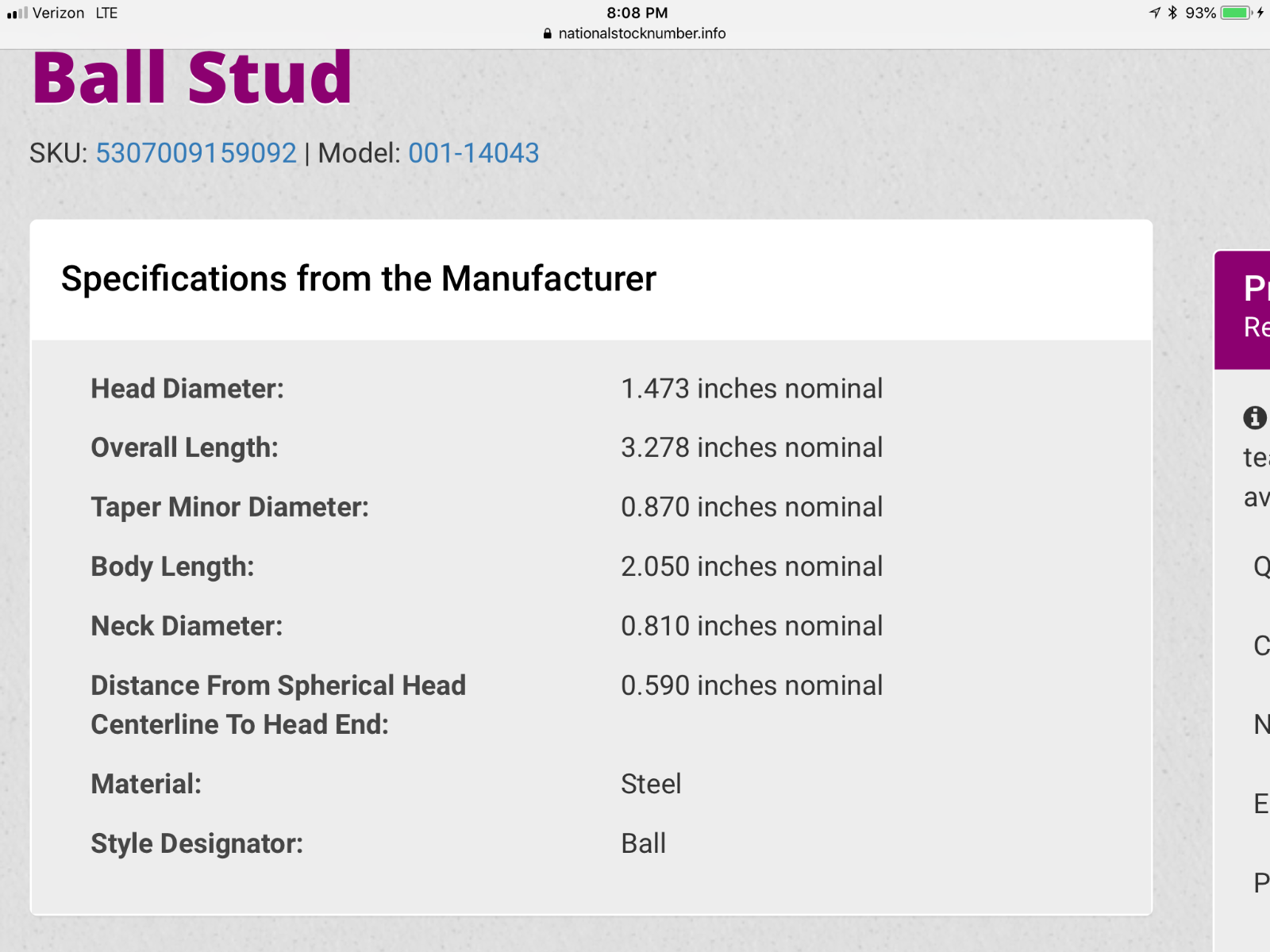 Steering Ball Stud - Military NSN 5307-00-915-9092 - Part Number 14043 ...