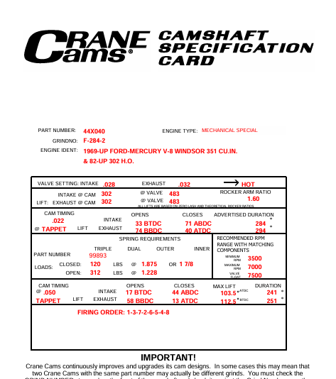 Ford F 221 289 BOSS 302 HO 351W NOS Crane Cams 284-2 F2842 Camshaft & Cam Card | Aftermarket Branded