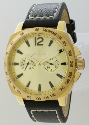 INVICTA 0856 MEN'S DRESS DAY&DATE TACHYMETER GOLD DIAL BLACK LEATHER ...