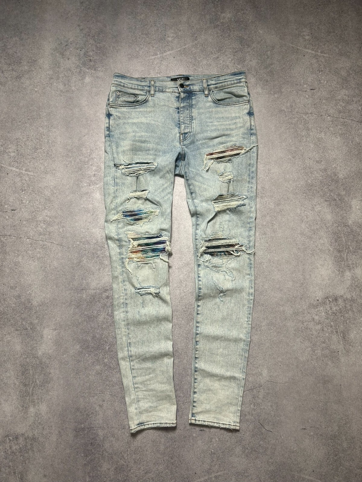 Amiri MX1 Distressed Patch Washed Blue Skinny Denim J… - Gem