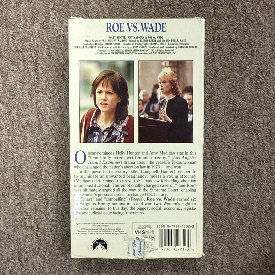 Roe Vs. Wade (Paramount VHS, 1992) Holly Hunter Abortion Drama RARE ...