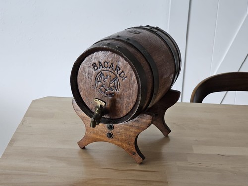 VINTAGE HAND CARVED OAK WOOD BACARDI RUM BARREL WITH BAT WINGS STAND | eBay