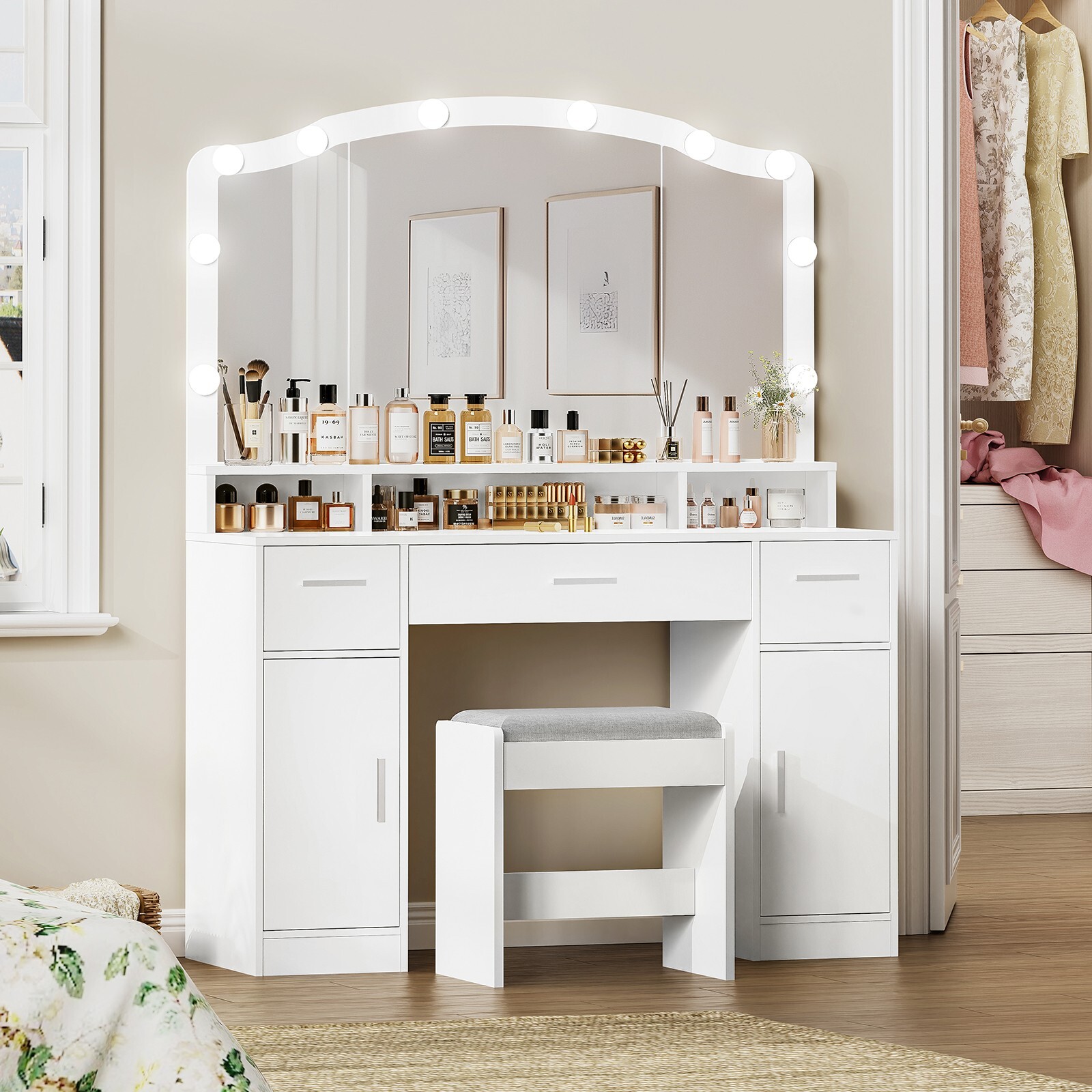 Large Vanity Set with Large Lighted Mirror,3 Drawers,2 Storage Cabinets ...