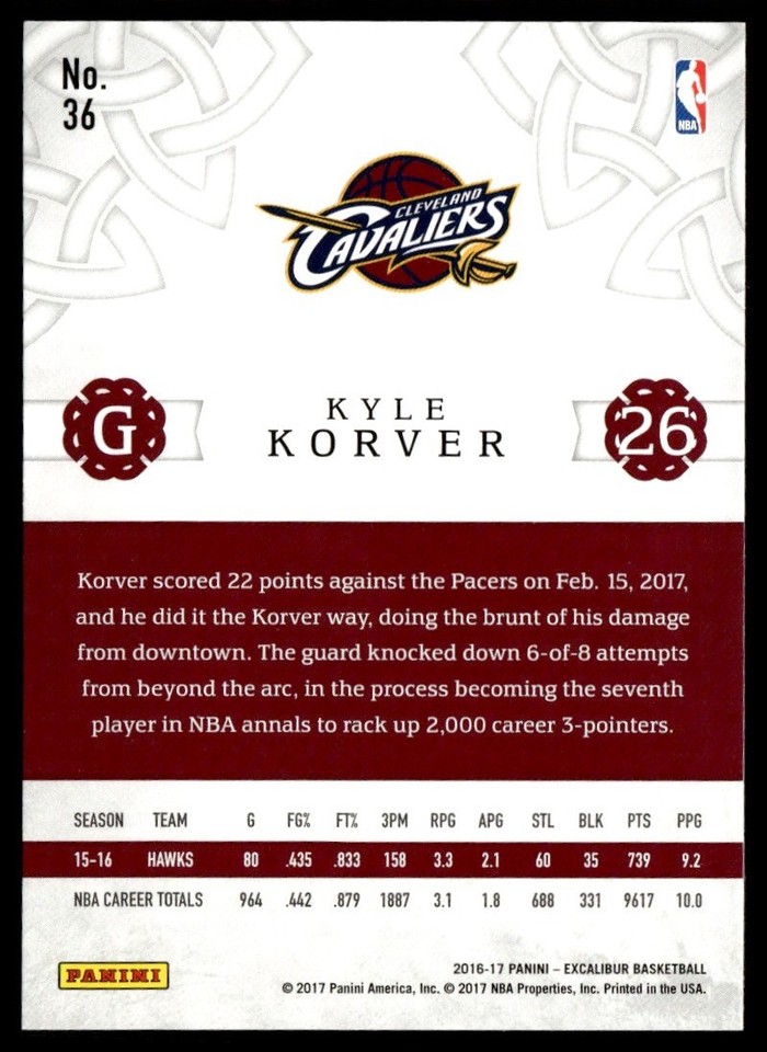 2016-17 Panini Excalibur Kyle Korver Cleveland Cavaliers #36 | eBay