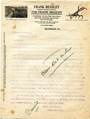 1920 FRANK BEASLEY DISC CULTIVATORS RICHMOND VA ILLUSTRATED LETTERHEAD ...