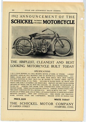 1912 Schickel Motor Co. Ad: 2 Stroke Motorcycles - Stamford ...