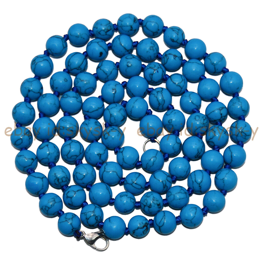 8/10/12mm Natural Blue Turquoise Round Gemstone Beaded Handmade Knotted ...
