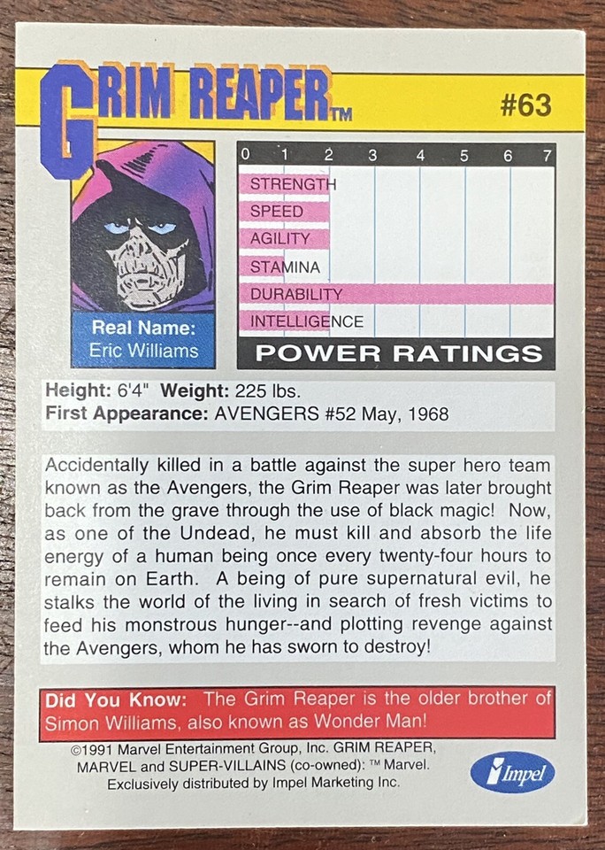 Grim Reaper Marvel Trading Card 1991 #63 "Super Villains" Impel ...
