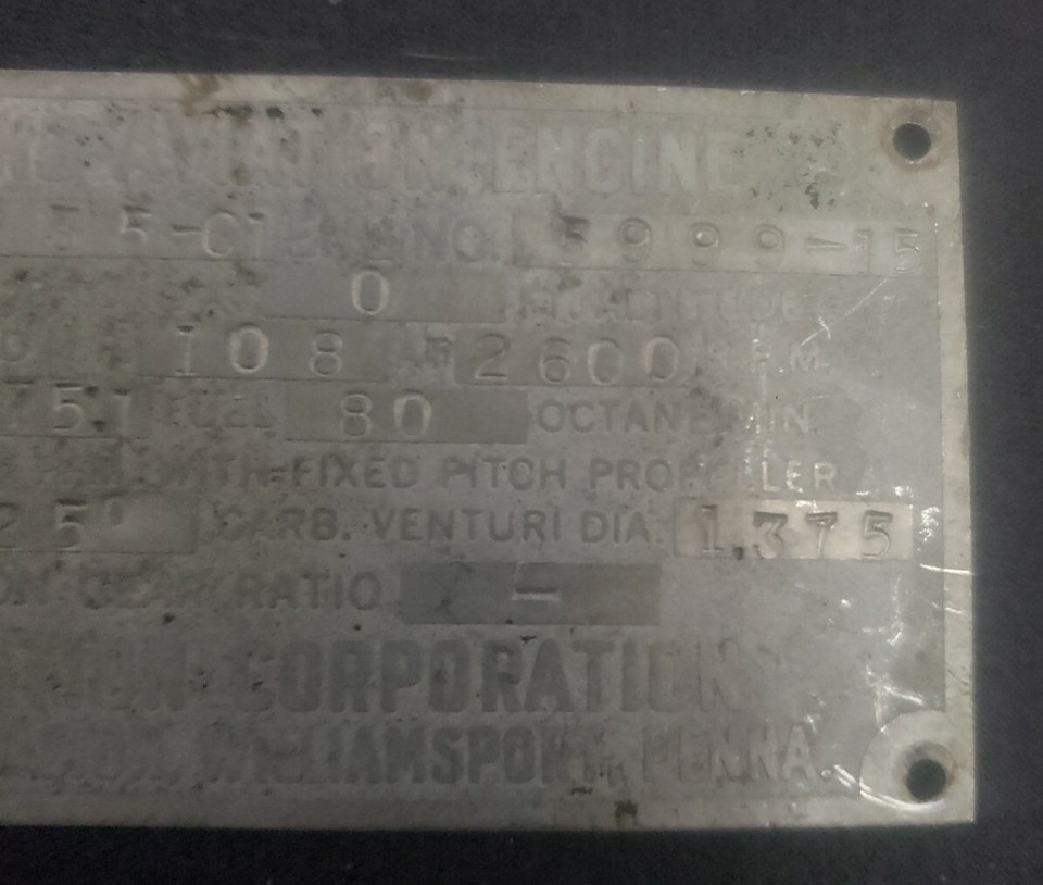 Original Vintage Lycoming Engine Data Plate #2 | eBay