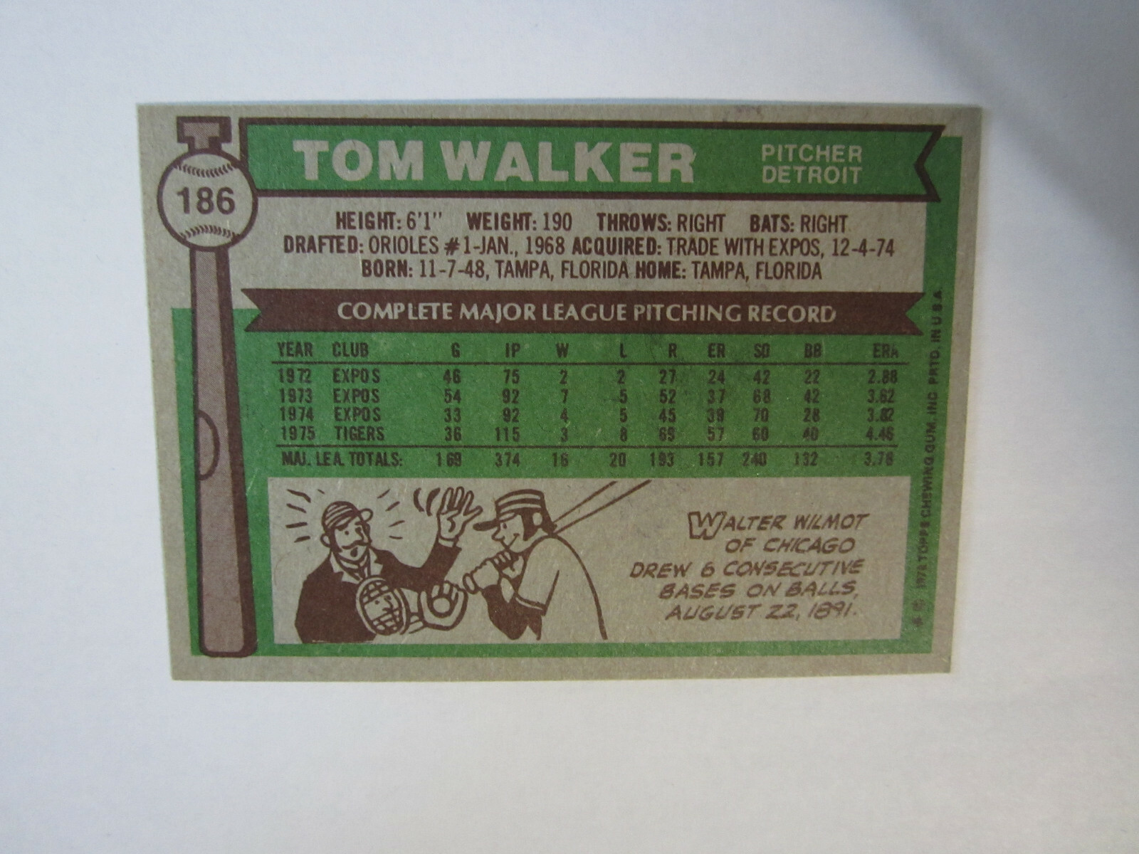 1976 Topps # 186 Tom Walker Autograph Signed Card (M) Detroit Tigers ...