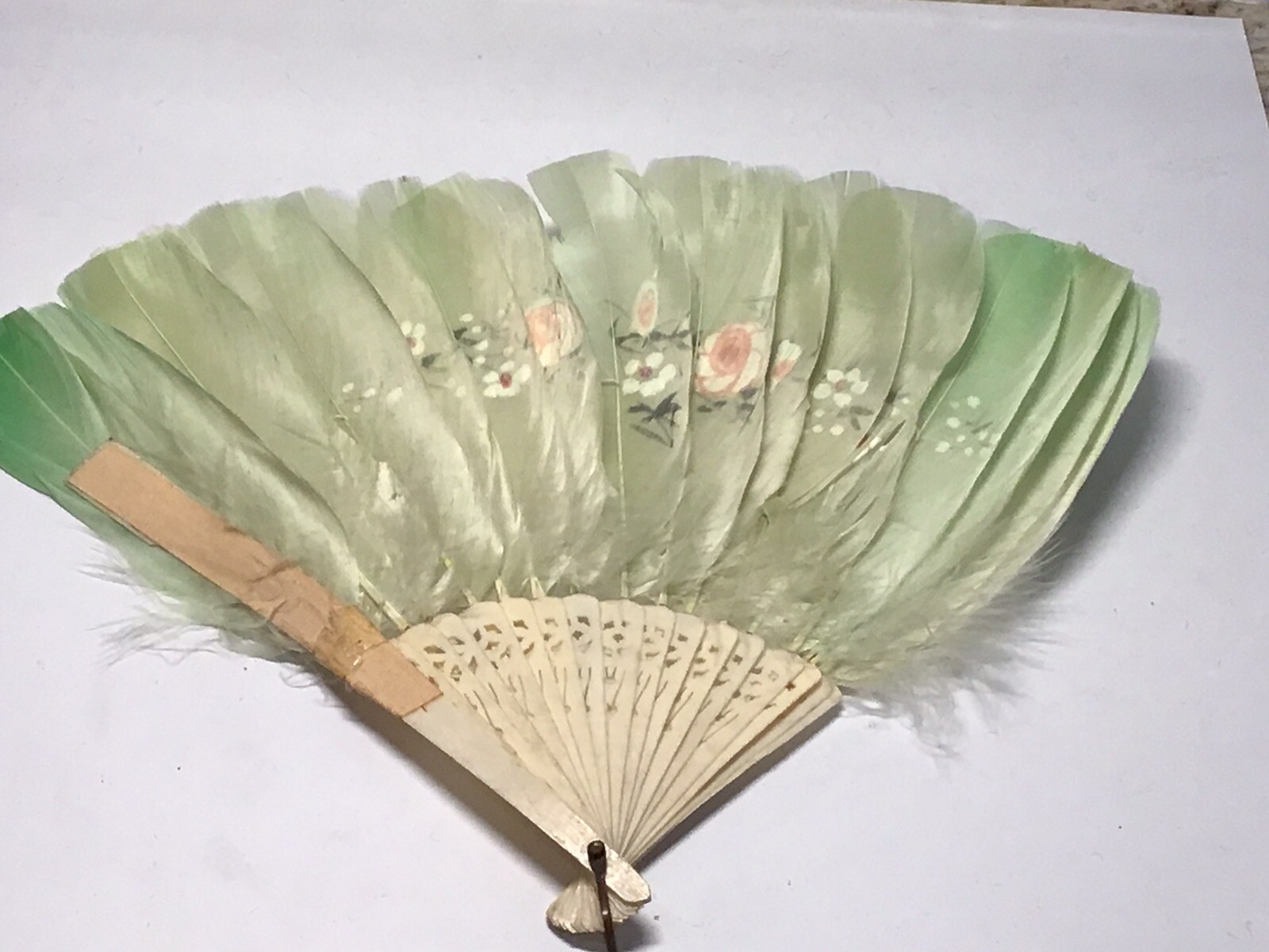Vintage Victorian Ivory Feather Folding Fan - Gem
