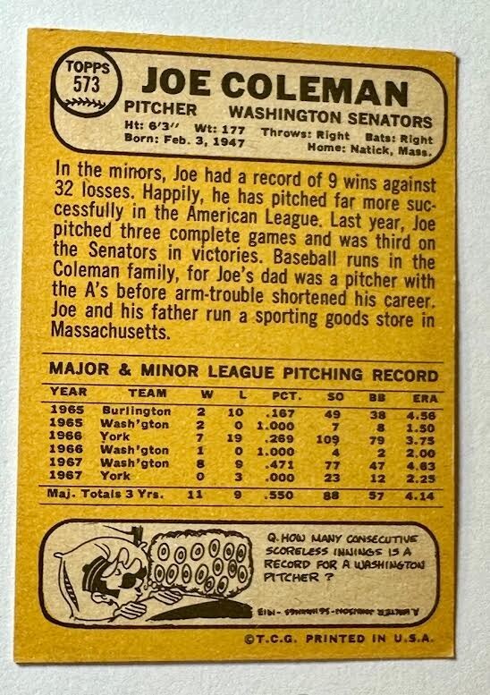 1968 Topps # 573 Joe Coleman Washington Senators NM-MT | eBay