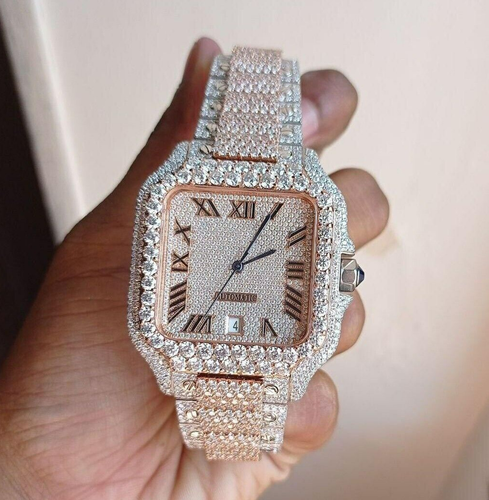 Customized Roman Rose Gold Plated Moissanite Studded Hip Hop Watch Men ...