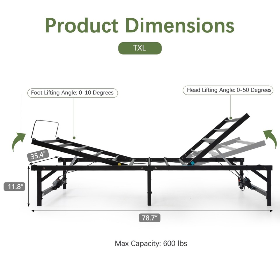 Electric Adjustable Bed Frame Head & Foot Incline Bed Base Wired Remote ...