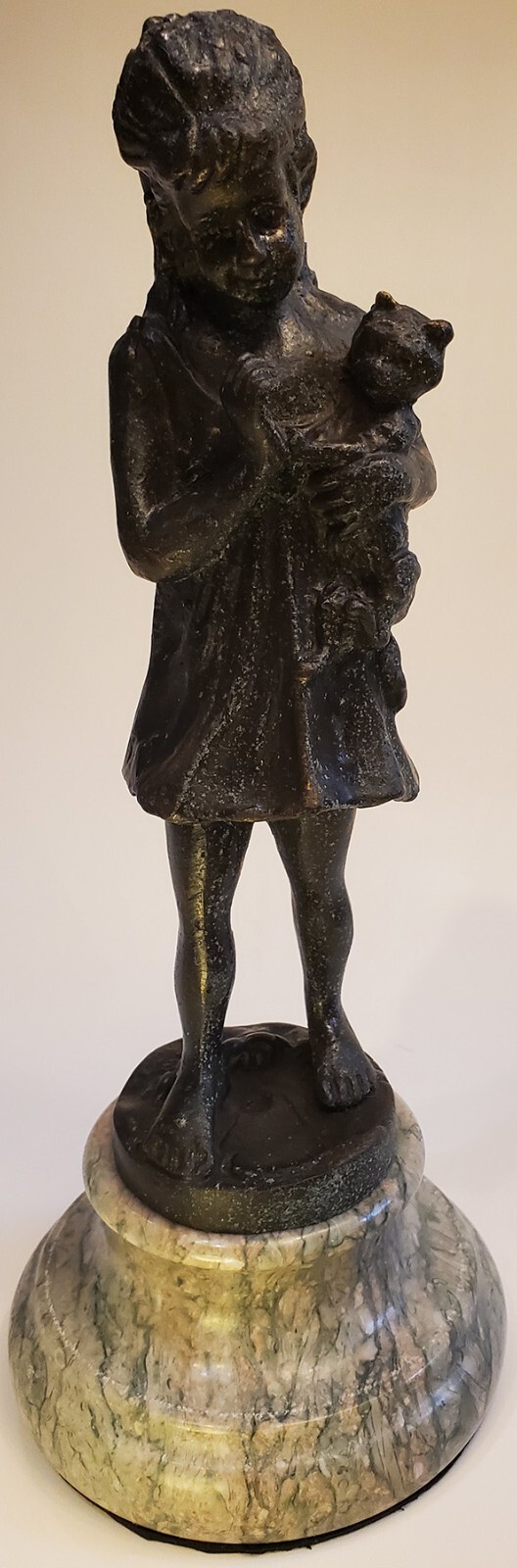 Bronze Statue of Girl Holding Cat on Gray & Pink Marble Base - Eutrope ...