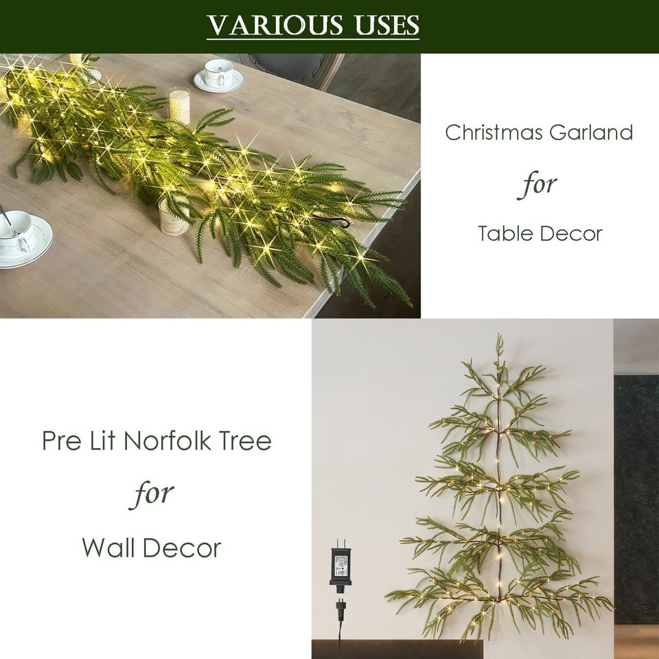 Pre-Lit Wall Hanging Norfolk Pine Tree with Timer 4FT, Lighted Vine Garland w... | eBay