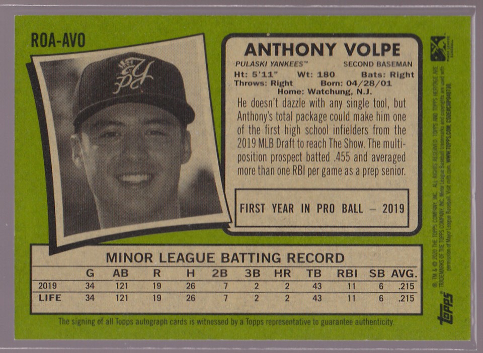 Anthony Volpe Yankees Auto 2020 Topps Heritage Minor League ROA-AVO ...