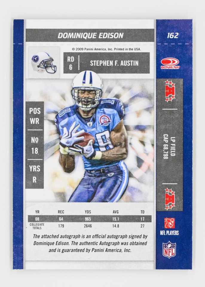 2009 Playoff Contenders #162 Dominique Edison AUTO Rookie Tennessee ...