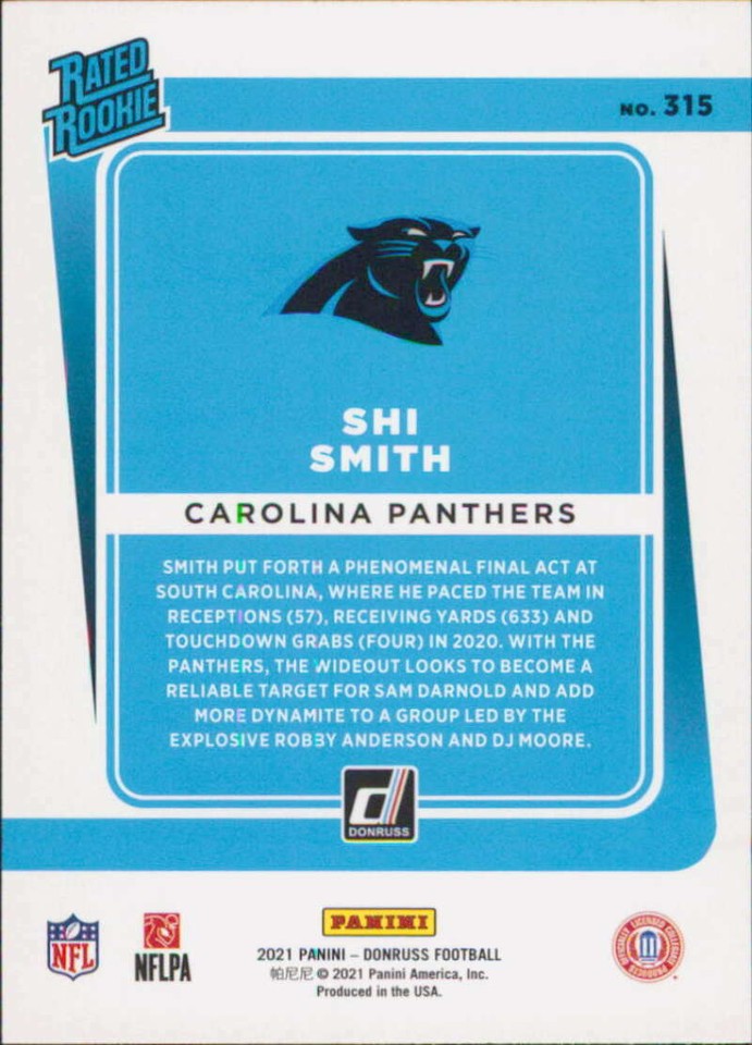 SHI SMITH RC 2021 Donruss #315 ROOKIE Panthers Rated Rookies ID:21954 ...