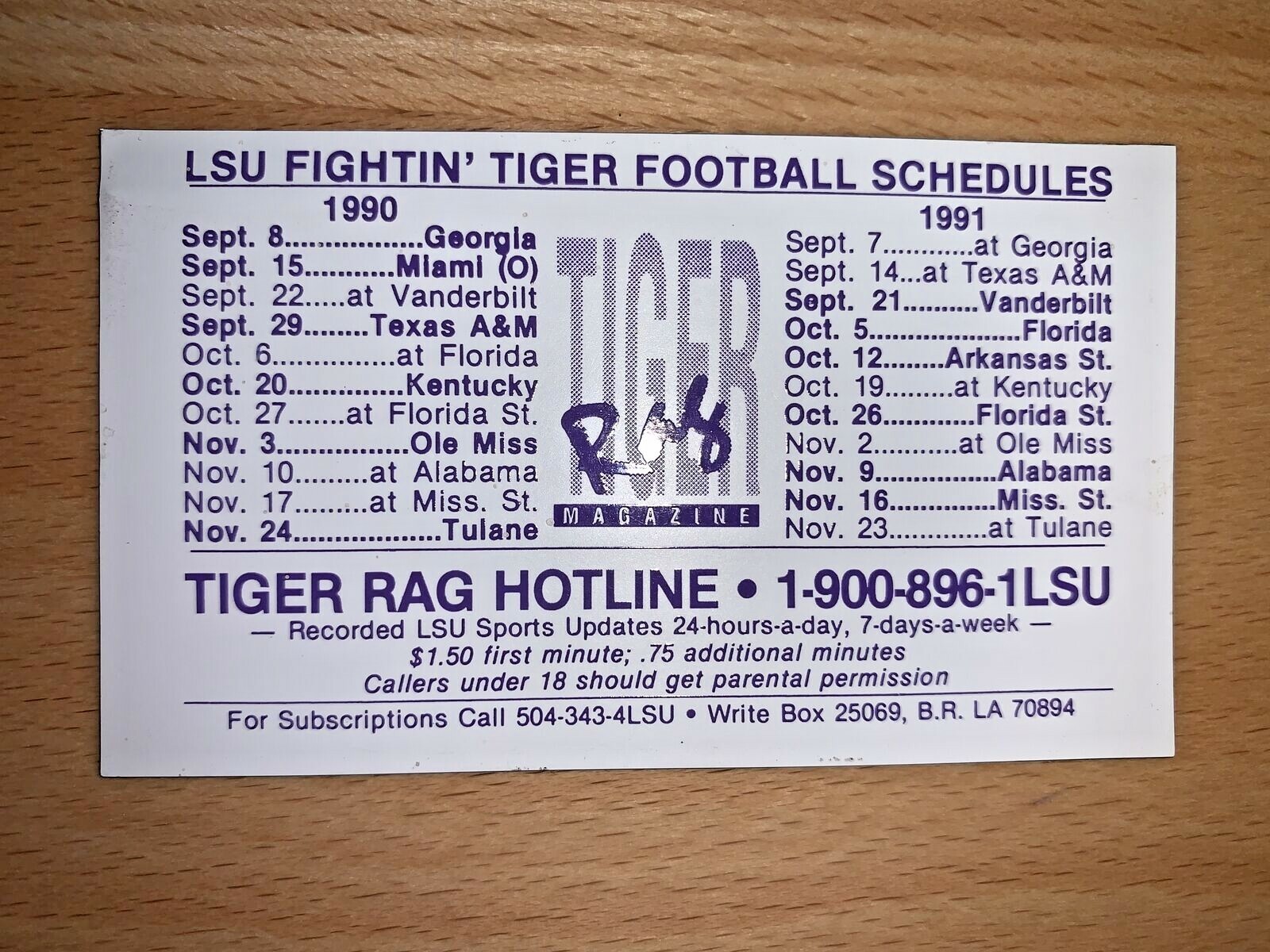 1990 & 1991 LSU TIGERS FOOTBALL SCHEDULE MAGNET SKED TIGER RAG | eBay