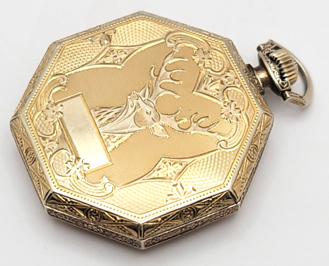 Vintage Waltham Octagon Case 14K Solid White Gold Engraved Stag Pocket ...