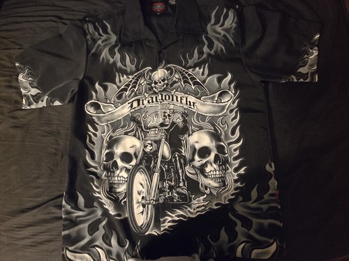 Roadhouse Dragonfly Shirt Adult Large Black Button Up Skull Biker Mens ...