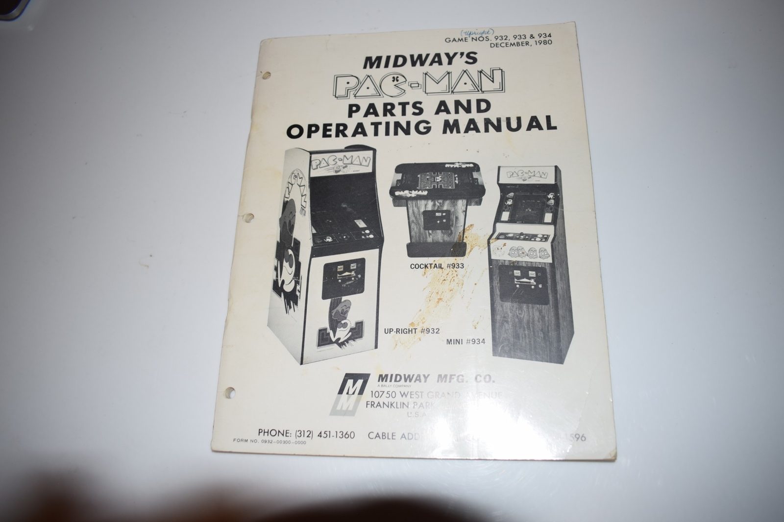 MIDWAY PAC-MAN PARTS & OPERATING MANUAL 1980 GAME # 932, 933 & 934 ...