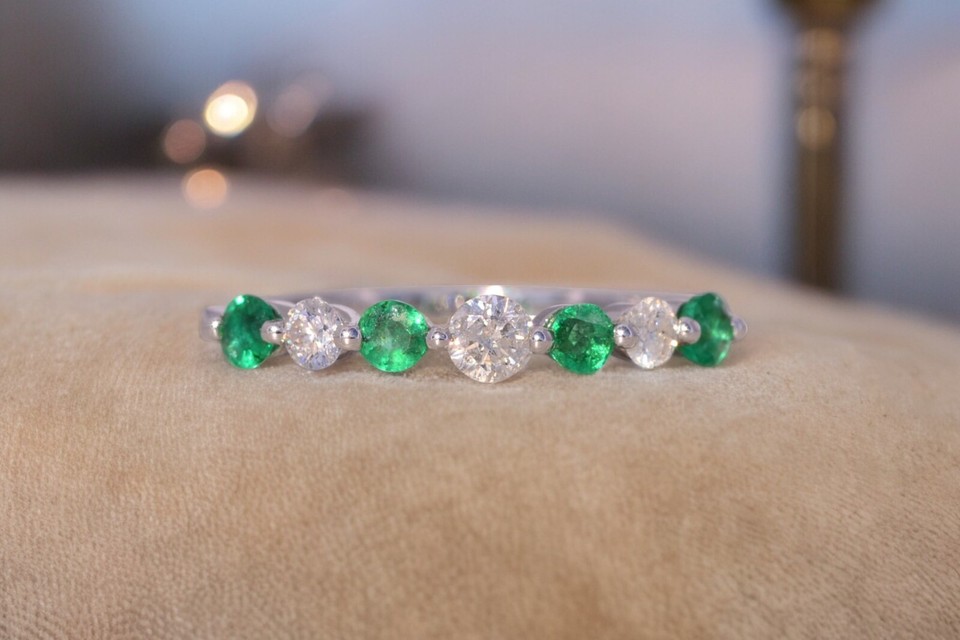 Single Prong Set Natural Emerald and Diamond Band | eBay