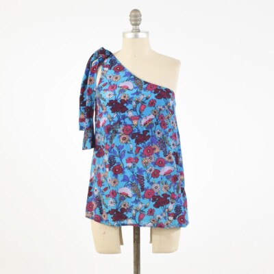 French Connection Blouse 4 Blue Floral Silk Sleeveless One-Shoulder Top ...