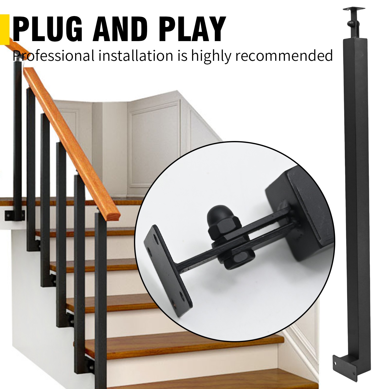 33.4in/85cm 270° Adjustable Metal Black Square Stair Baluster Posts ...