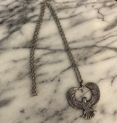 Pewter Egyptian Horus Falcon Ankh Pendant 24” Chain Necklace, Signed ...